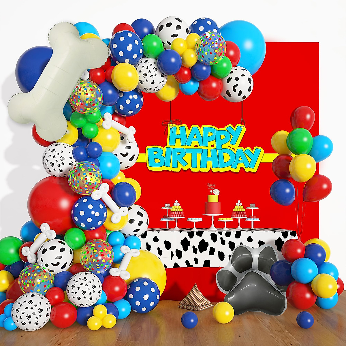 Amandir 155pcs Paw Balloons Garland Arch Kit, Dog Bone Paw Print Foil Balloons Red Yellow Blue Green Paw Balloon for Puppy Paw Themed Boy Birthday Party Decorations Supplies