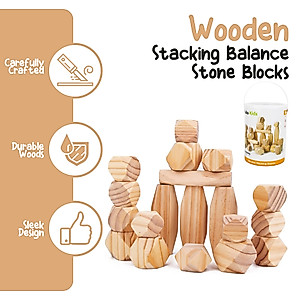 Pidoko Kids JUMBO Building Blocks for Toddlers 1-3 | Natural Wood 30 Pcs Large | Montessori Toys Wooden Block - Sensory Preschool Girls Boys Balancing Stones & Stacking Rocks - W/Storage Container