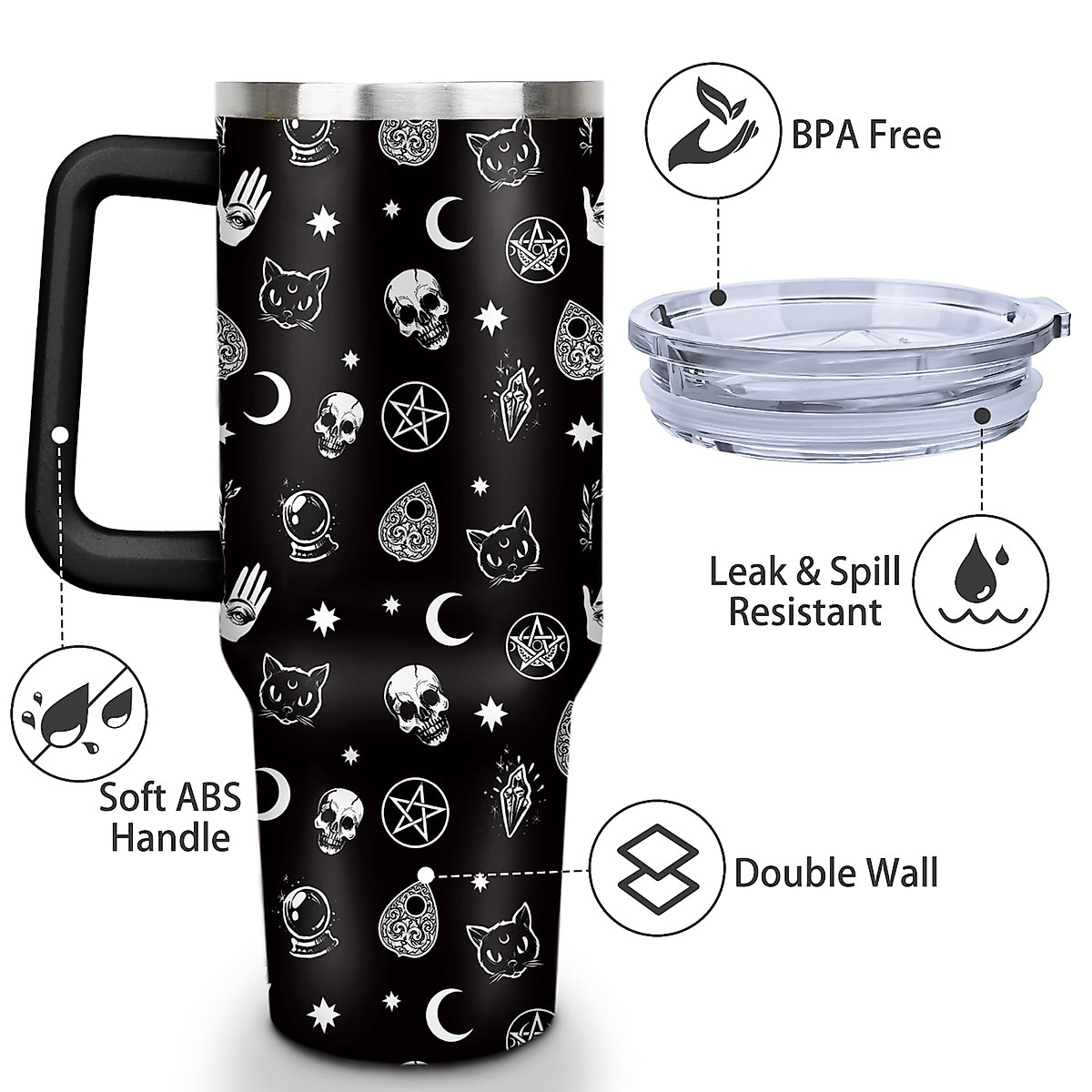thmasamwr Goth Tumbler with Lid and Straw, Stainless Steel Gothic 40oz Tumbler with Handle, Black Moon Travel Coffee Mug Water Bottle, Goth Gifts Cups for Women and Men
