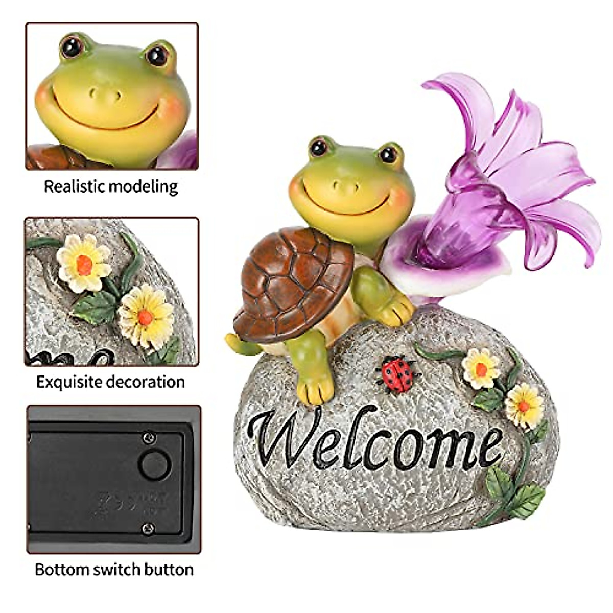 Solar Turtle Garden Statue with White Led Light, Waterproof Tortoise Figurine for Outdoor Decoration of Garden, Lawn, Yard | UV & Water Resistance Auto Light Up Garden Decor Turtle Ornament