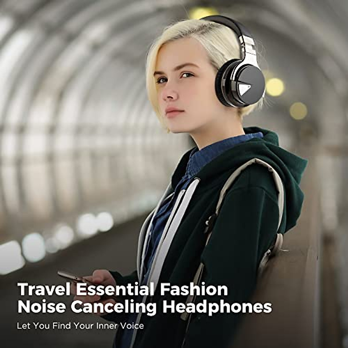 phonicgrid Active Noise Cancelling Headphones Over Ear Wireless Headphones Bluetooth Headphones with Microphone, Comfortable ANC Over Ear Headphones Wireless Bluetooth, Deep Bass, 30Hrs, Ink Black