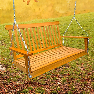 Front Yard Swing Bench Classic Teak Wooden Hanging Chains Easy Assembly Durable Solid Wood Porch Swing 47.2x28.15x23.62in