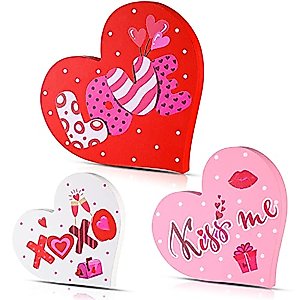 3 Pieces Valentine's Day Table Top Decoration Heart Love XOXO Wooden Signs Wooden Heart Shaped Table Decor Romantic Table Centerpiece Sign Standing Heart Wooden Sign for Table Tiered Tray Home Decor