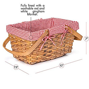 Big Mo's Toys Picnic Basket - Woven Natural Woodchip Wicker Basket with Double Handles and Red and White Gingham Blanket Lining