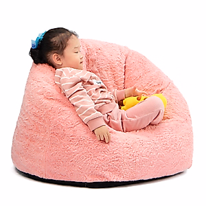 N&V Small Bean Bag Chair for Kids, Children Mini Bean Bag Sack, Foam Filling, Includes Removable and Machine Washable Cover, 27in, Soft Faux Fur (Pink)