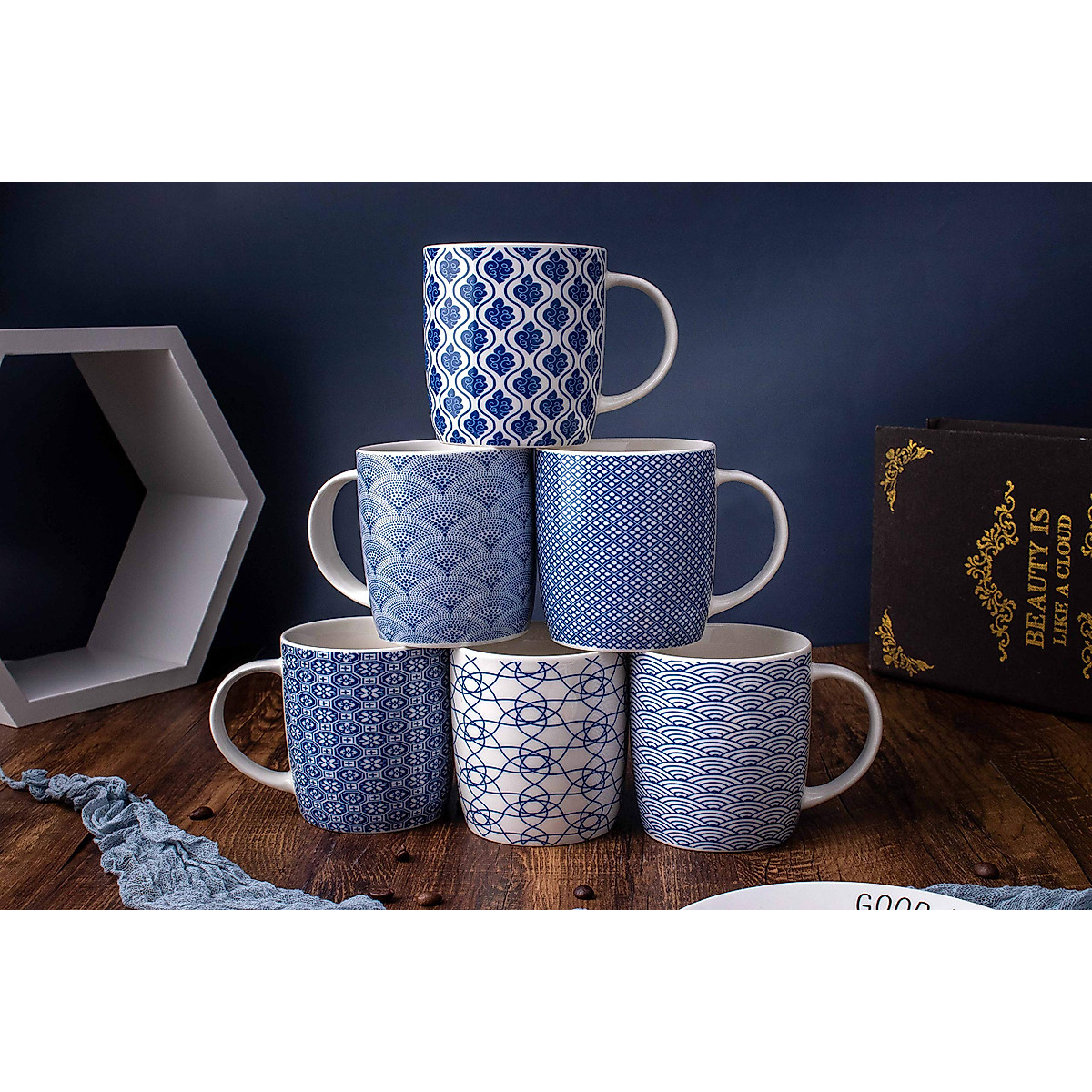 MACHUMA Set of 6 11.5 oz Coffee Mugs with Blue and White Geometric Patterns, Ceramic Tea Cup Set