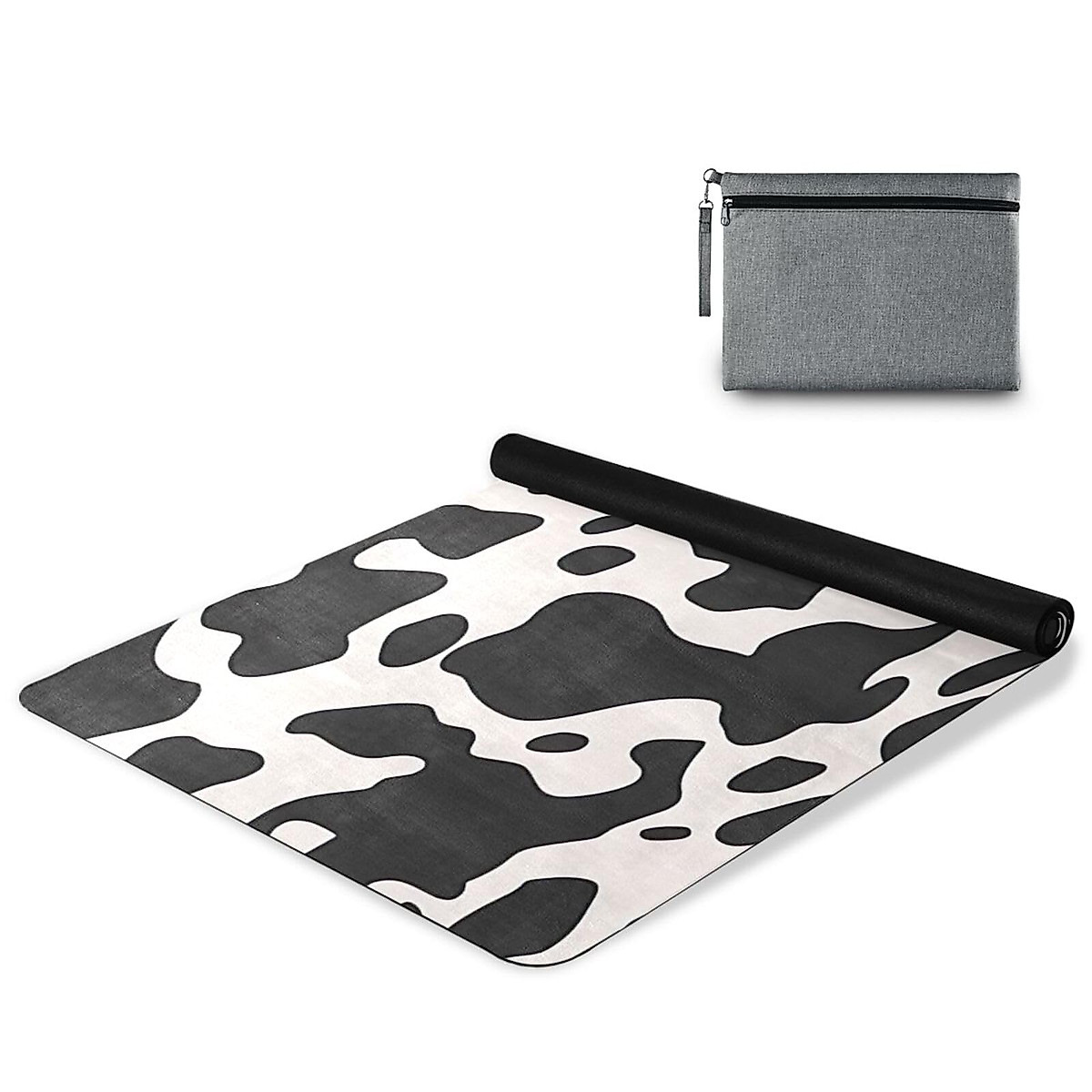 GOODOLD Cow Texture Black Yoga Mat, 71 x 26 Inch Non-slip Yoga Mats Folding Travel Exercise Mat Indoor Outdoor Gym Pilates with Storage Bag for Women Men