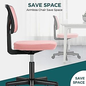 DUMOS Armless Desk Wheels Cute Home Office Chairs, Ergonomic Adjustable Swivel Rolling Task, Comfy Mesh Mid Back Computer Work Vanity Chair for Small Spaces, Pink