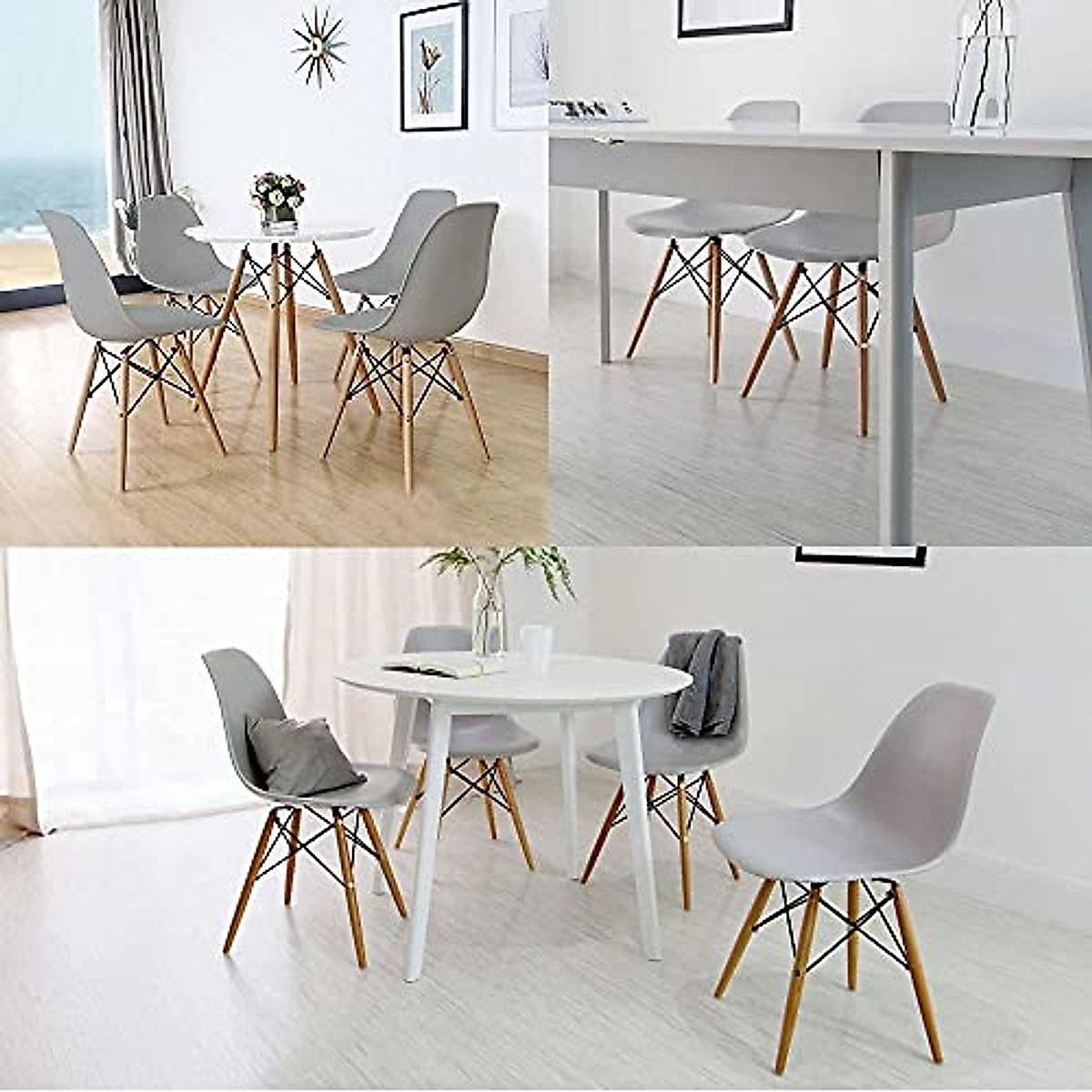 ExAchat Set of 4 Modern Style Chair- Mid Century Modern Shell Chair with Dowel Wood Legs - for Dining Room, Kitchen, Bedroom, Lounge (Grey-3)