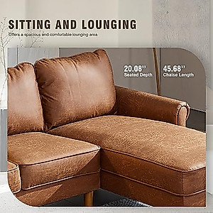 HOOOWOOO 81.51" L Shaped Couch Mid Century Modern Sectional Couch Brown Faux Leather Sofa with Right Chaise 3-Seater Rolled Arms Solid Wood Frame for Living Room Apartment