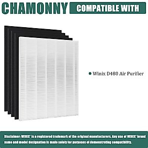 CHAMONNY D480 True HEPA Replacement Filter D4, Compatible with Winix D480 Air Purifier, Compare to Winix D4 Filter, Item Number 1712-0100-00, 1 H13 True HEPA Filters + 4 Activated Carbon Pre-Filters