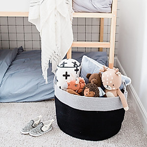 OrganiHaus Gray & Black Throw Blanket Basket for Living Room 20x13, Large Woven Baskets for Storage, Cotton Rope Baskets with Handles, Big Nursery Laundry Basket, Blanket Bin & Pillow Basket