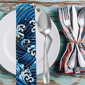 Cabilock Straw Purse 4Pcs Japanese Wave Silverware Holder Chopstick Sleeve Cutlery Pouch Drawsrtings Storage Bag Knife Fork Covers for Fans Tableware Party Favors Hand Fan Protector Pouch