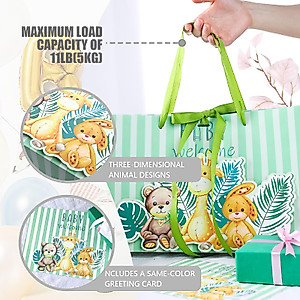 JOHOUSE Baby Gift Bag, 13" Green Gift Bag with Tissue Paper Ribbon Handle and Greeting Card for Gender Reveal Party Baby Shower Newborn 1st Birthday