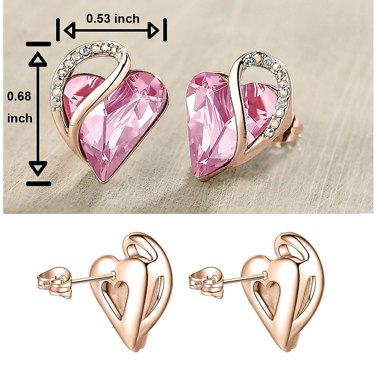 Leafael 18K Rose Gold Plated Love Heart Stud Earrings with Rose Quartz Pink Healing Stone Crystal for Romatic Love, Jewelry Gifts for Women