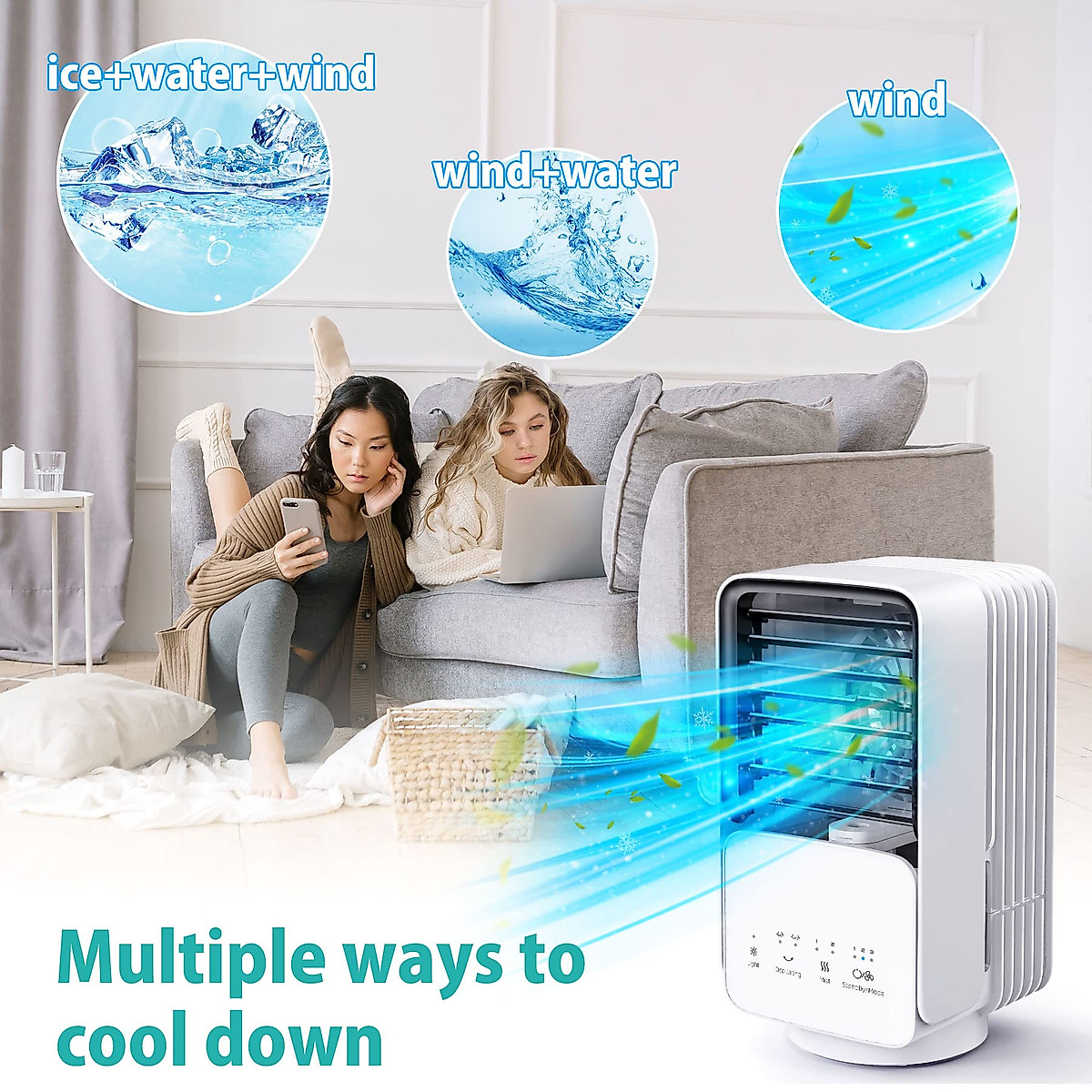 Portable Air Conditioner Fan, Evaporative Air Cooler, USB Personal Desktop Cooling Fan with 3 Speeds, LED Light, 120°Oscillation, 2 Mist Adjustments as Humidifier, Small Air Cooler for Room, Bedroom