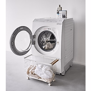 Yamazaki Home Tosca Compact Rolling Laundry Basket Cart - Metal Hamper With Wheels And Handle For Easy Mobility - Space-Saving Storage Solution, 15" - Steel + Wood - 9.2 Gallons, 35L