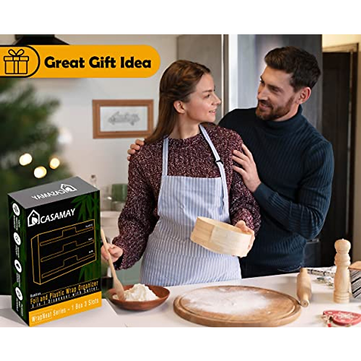 CASAMAY Foil and Plastic Wrap Organizer - Bamboo 3 in 1 Dispenser with Cutter & Labels, Wax Paper, Foil Organization Storage for 12 inch Roll or Less