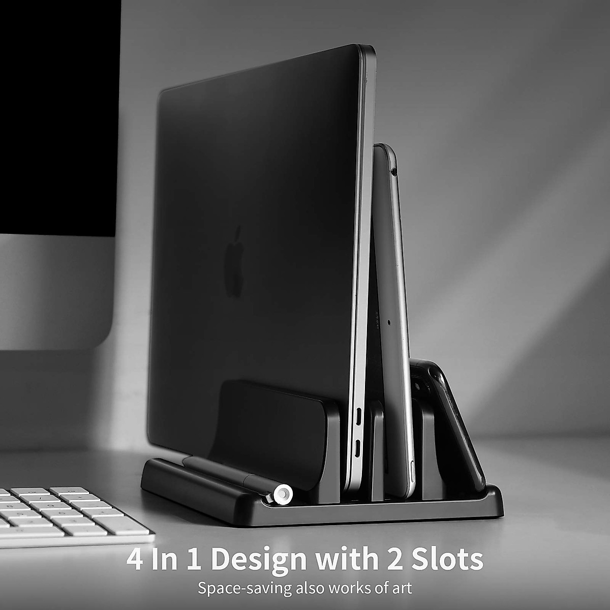 Vertical Laptop Holder, Asher Fashion Vertical Laptop Stand with Adjustable Dock Size, MacBook Stand Made of Premium ABS Plastic, 4 in 1 Design Space-Saving for All Cellphones, MacBooks