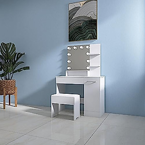 Bituman Makeup Vanity Table with Lighted Mirror, Modern Dressing Table with a Large Drawer White Vanity Set with Cushioned Stool Vanity Desk with Storage Cabinet for Women, Girls, Bedroom, White