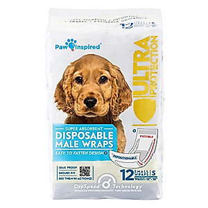 Paw Inspired Disposable Dog Wraps | Male Dog Diapers Ultra Protection | Belly Band for Male Dogs | Excitable Urination, Incontinence, or Male Marking (36 Count, Small)