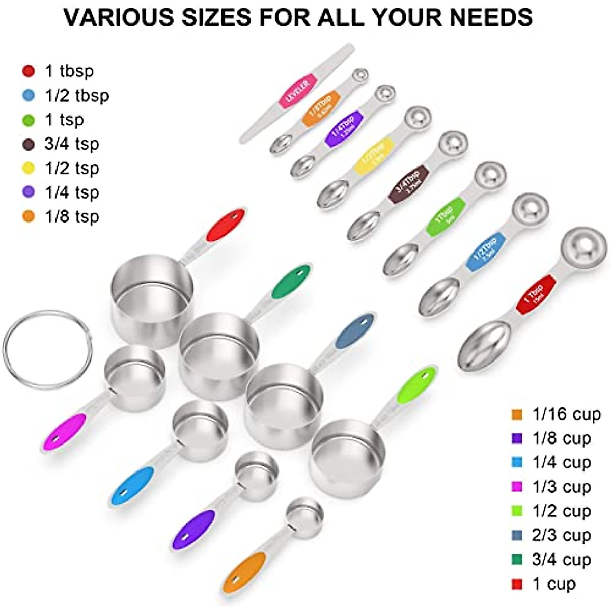 Measuring Cups and Magnetic Measuring Spoons Set, Wildone Stainless Steel 16 Piece Set, 8 Measuring Cups & 7 Double Sided Stackable Magnetic Measuring Spoons & 1 Leveler