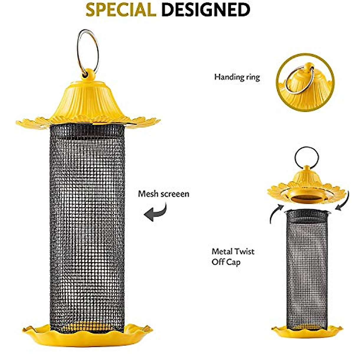Finch Bird Feeders For Outside [Set of 2] 0.7 LB Capacity Yellow Wild Bird Feeders, Seeds Attracts Small Birds To Backyard & Garden. Tube Bird Feeders For Outdoors.