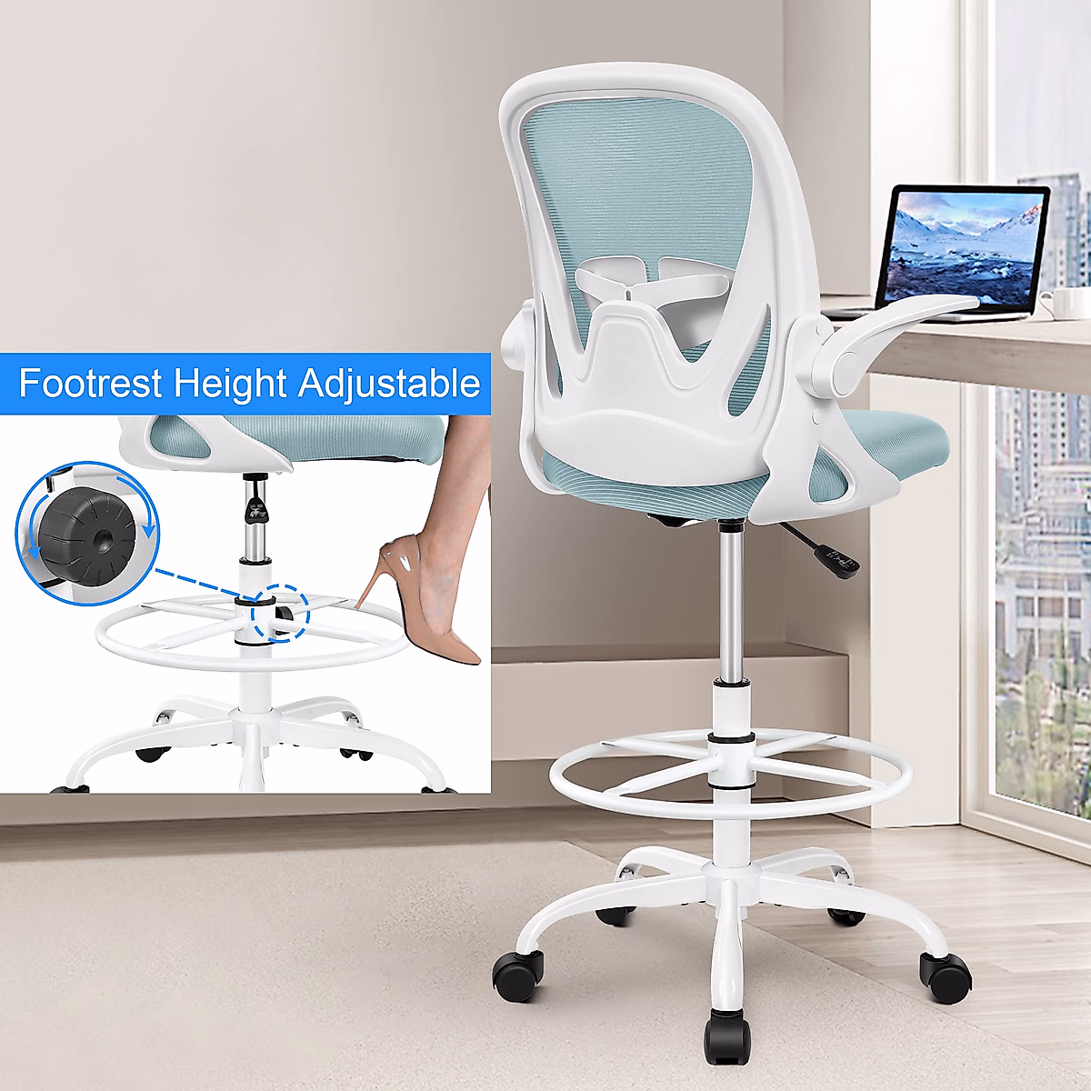 Primy Drafting Chair Tall Office Chair with Flip-up Armrests Executive Ergonomic Computer Standing Desk Chair with Lumbar Support and Adjustable Footrest Ring（Light Blue）