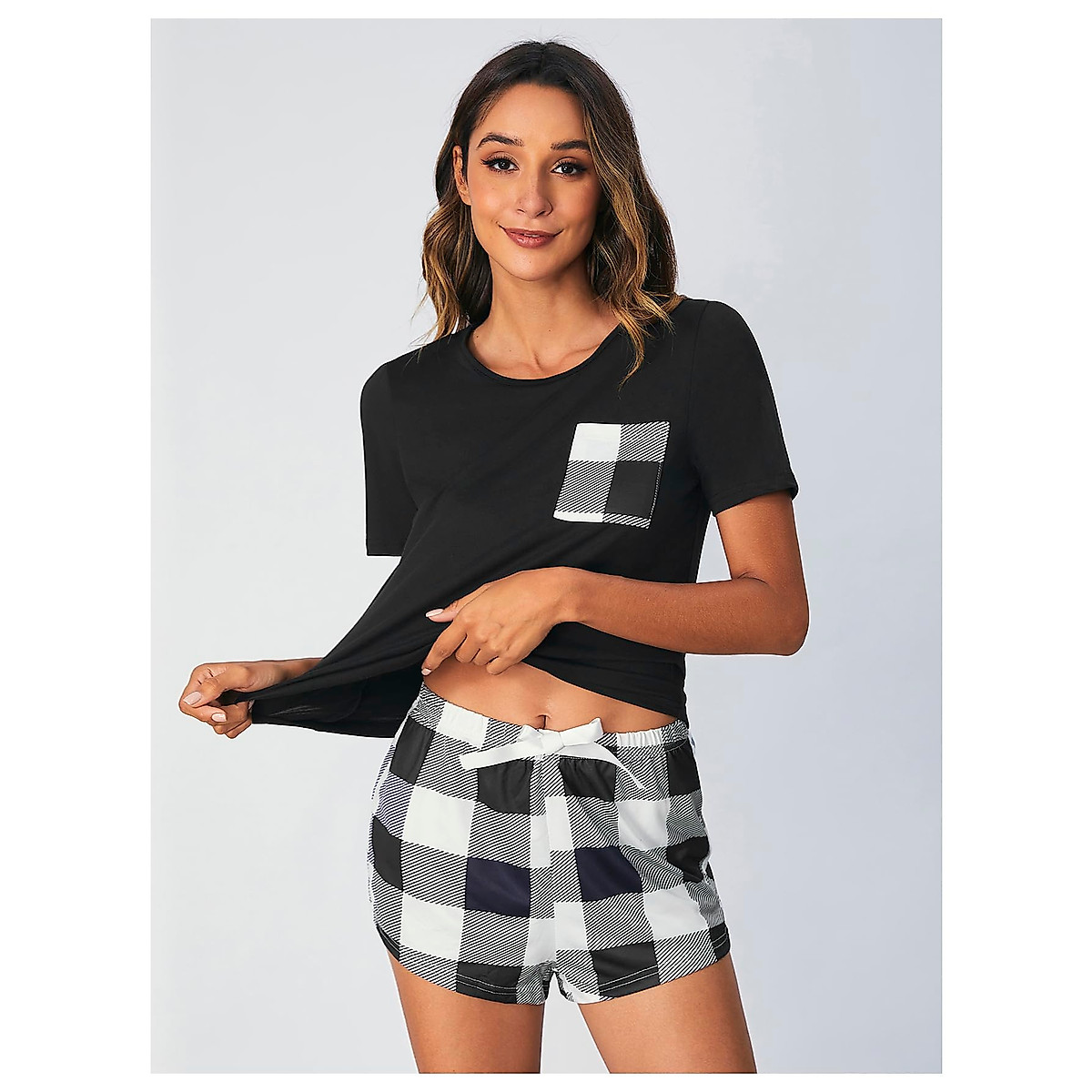 SOLY HUX Women's Short Sleeve Tee Top and Plaid Shorts Lounge Pajama Set Sleepwear Black White S