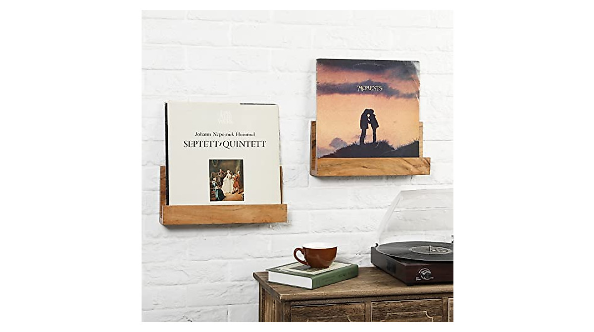 MyGift Acacia Wood Wall Mounted Vinyl Record Display Shelves