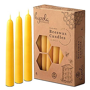 Hyoola Beeswax Taper Candles 12 Pack – Handmade, All Natural, 100% Pure Scented Bee Wax Candle - Tall, Decorative, Golden Yellow – 6 Hour Burn Time