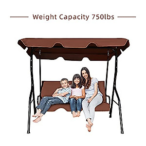 Tangkula 3 Person Porch Swing, Patio Swing with Removable Cushion & Powder-Coated Steel Frame, Outdoor Swing with Canopy for Porch, Backyard, Garden, Balcony (Coffee)