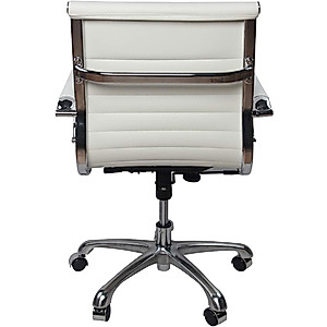 Fohfurniture White PU Leather Ergonomic Executive Office Desk Tark Chair, Mid Back Leather Height Adjustable Swivel Ribbed Chairs Conference Task Chair(Mid-Back, White)
