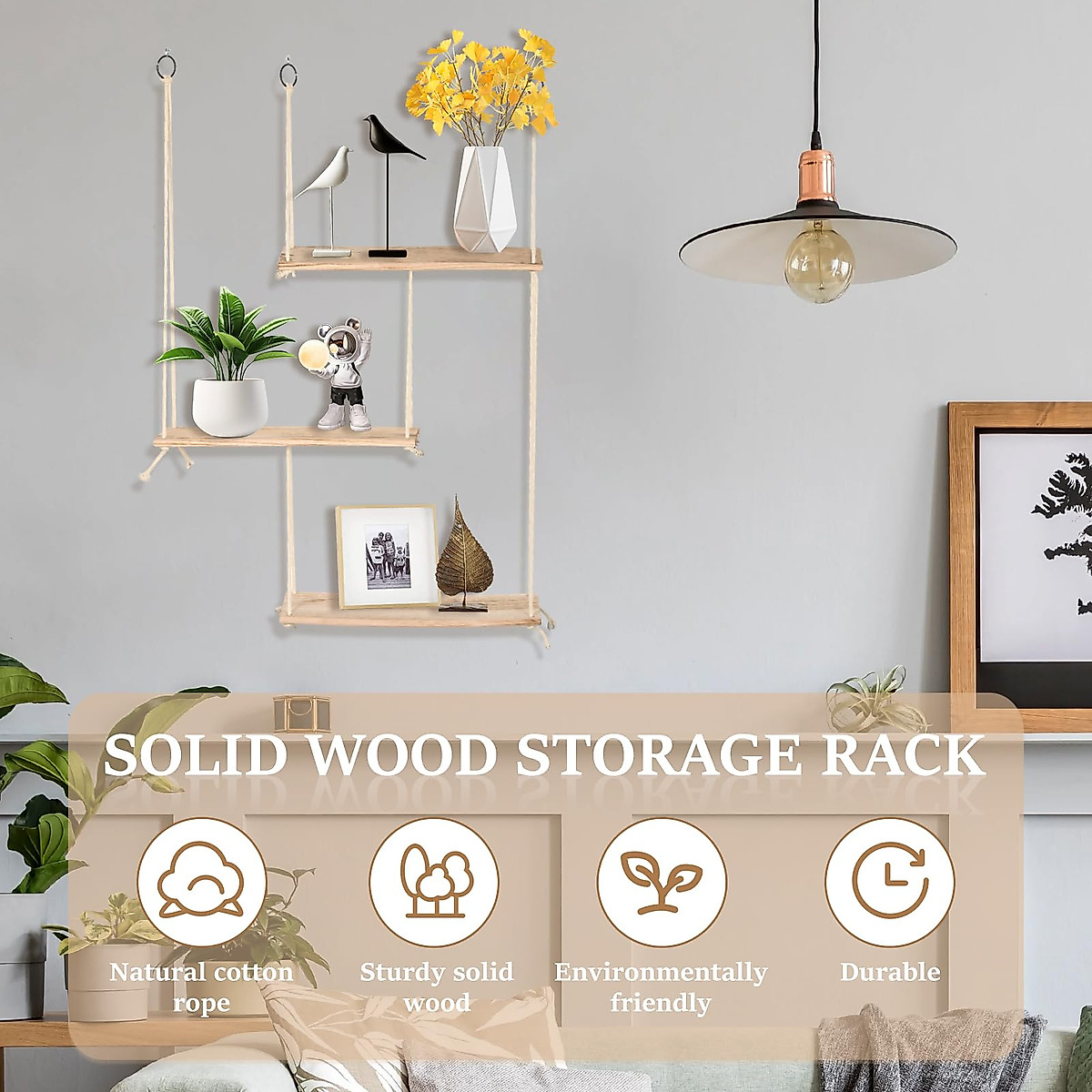 Macrame Wall Hanging Shelves, 3 Tier Hanging Floating Shelves for Wall, Boho Wall Shelves, Wood Hanging Shelves, Macrame Wall Hanging Shelf Tassel with Adjustable Rope, Room Decor for Plants Books