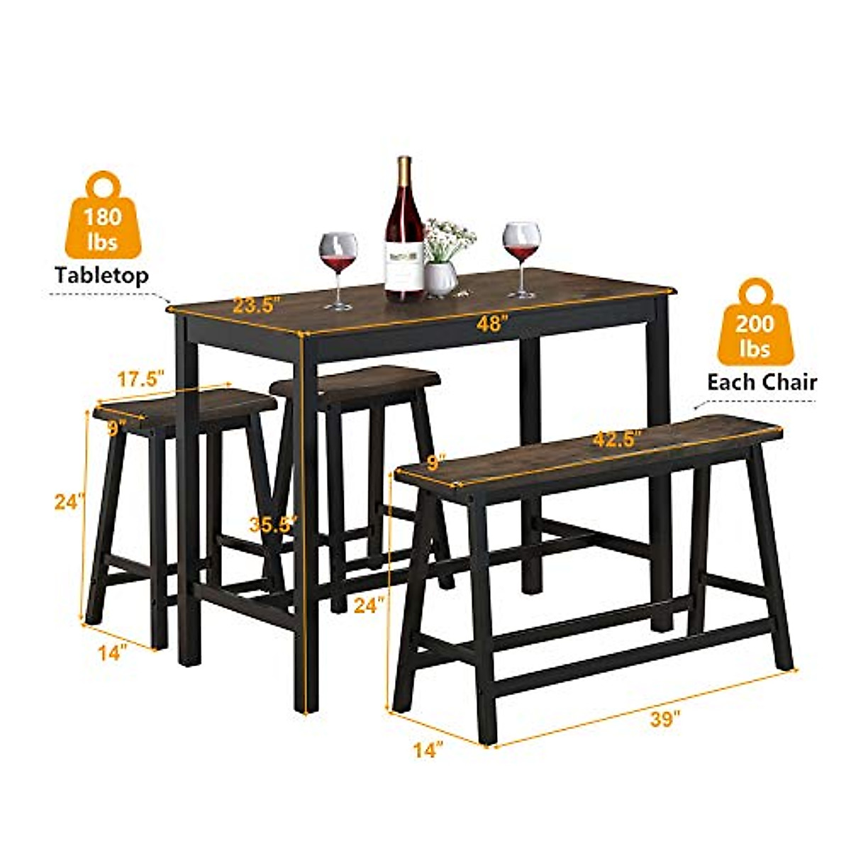 COSTWAY 4-Piece Solid Wood Dining Table Set, Counter Height Dining Furniture with One Bench and Two Saddle Stools, Industrial Style, Ideal for Home, Kitchen, Living Room (Gray & Brown)