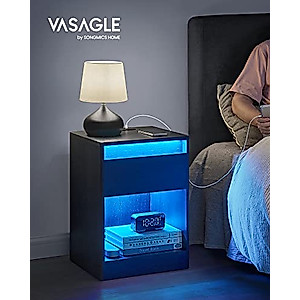 VASAGLE Nightstand with Charging Station, Side End Adjustable LED Lights, Bedside Table with Drawer 2 AC Outlets, 2 USB Ports, Modern, for Bedroom, 13.7" D x 15.7" W x 21.7" H, Black