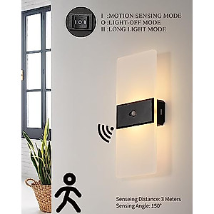 pasentel Motion Sensor LED Wall Sconces, 2-Pack Acrylic USB Rechargeable Wall Light Battery Operated Night Light Indoor Led Wireless Wall Lamp for Stairs, Hallway, Bathroom, Bedroom, BD025-LEB-BK2