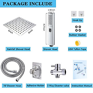 High Pressure Square Rain Shower Head with Handheld Spray Combo, Equipped with 78" Stainless Steel Hose, 3 Way Diverter Valve, Adhesive Shower Head Holder, Dual Shower Head Set, Chrome,AWAXFOLO