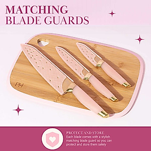 Paris Hilton Reversible Bamboo Cutting Board and Cutlery Set with Matching High Carbon Stainless Steel Knives, Blade Guards, Sleek Yet Comfortable Handle Grips, 7-Piece Set Gold, Pink