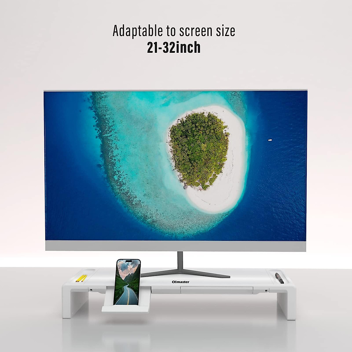 Monitor Stand Riser, OImaster Foldable Computer Monitor Riser, Adjustable Height Computer Stand and Storage Drawer & Pen Slot, Phone Stand Compatible Computer, Desktop, Laptop, Save Space (White)