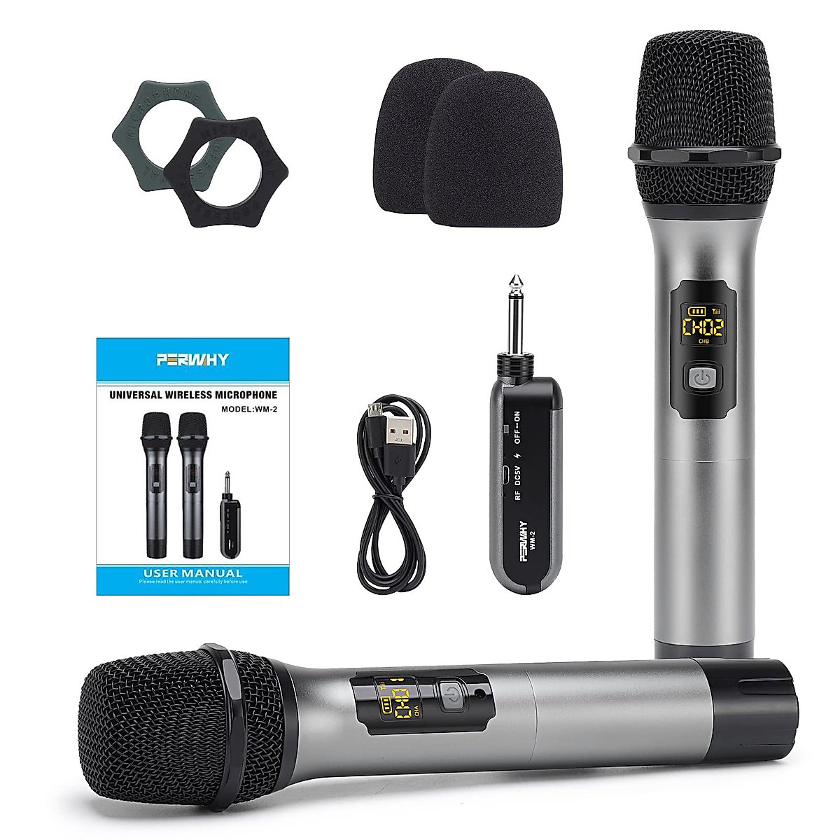 PERWHY Wireless Microphone System, UHF All Metal Cordless Dual Handheld Dynamic Mic Set with Rechargeable Receiver, for Karaoke Party, Amplifier, PA System, Singing Machine, Church, Wedding, 200ft