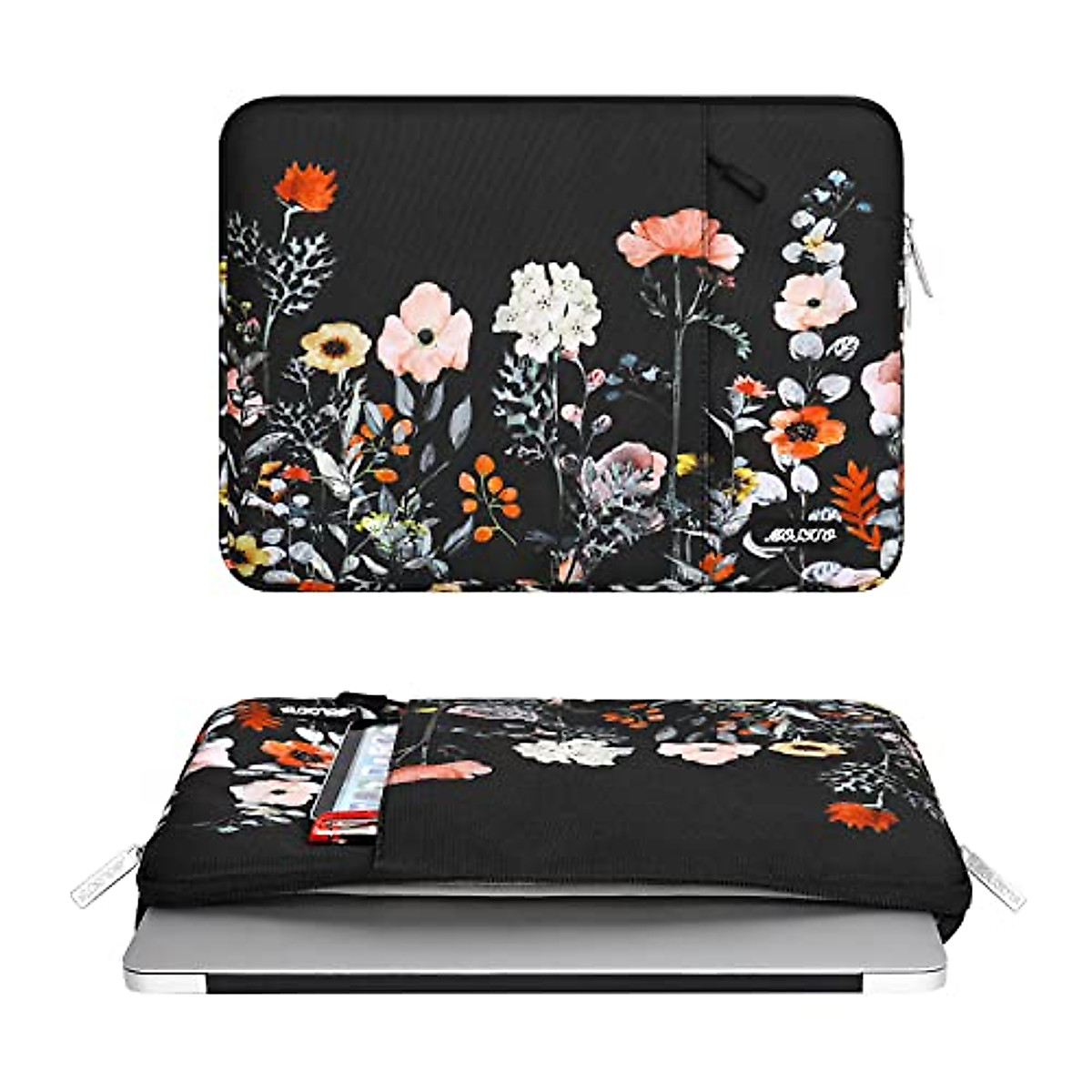 MOSISO Laptop Sleeve Compatible with MacBook Air/Pro, 13-13.3 inch Notebook, Compatible with MacBook Pro 14 inch 2023-2021 A2779 M2 A2442 M1, Garden Flowers Polyester Vertical Bag with Pocket, Black