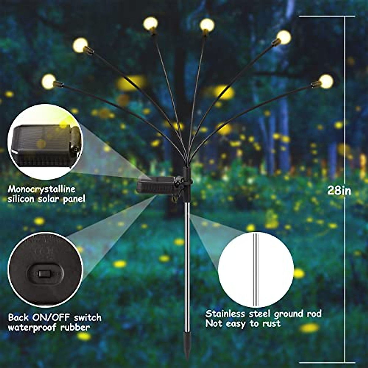 valktech Solar Garden Firefly Lights Solar Swaying Light, Sway by Wind, Solar Outdoor Lights, Yard Patio Pathway Decoration, High Flexibility Iron Wire & Heavy Bulb Base, Warm White(4 Pack)