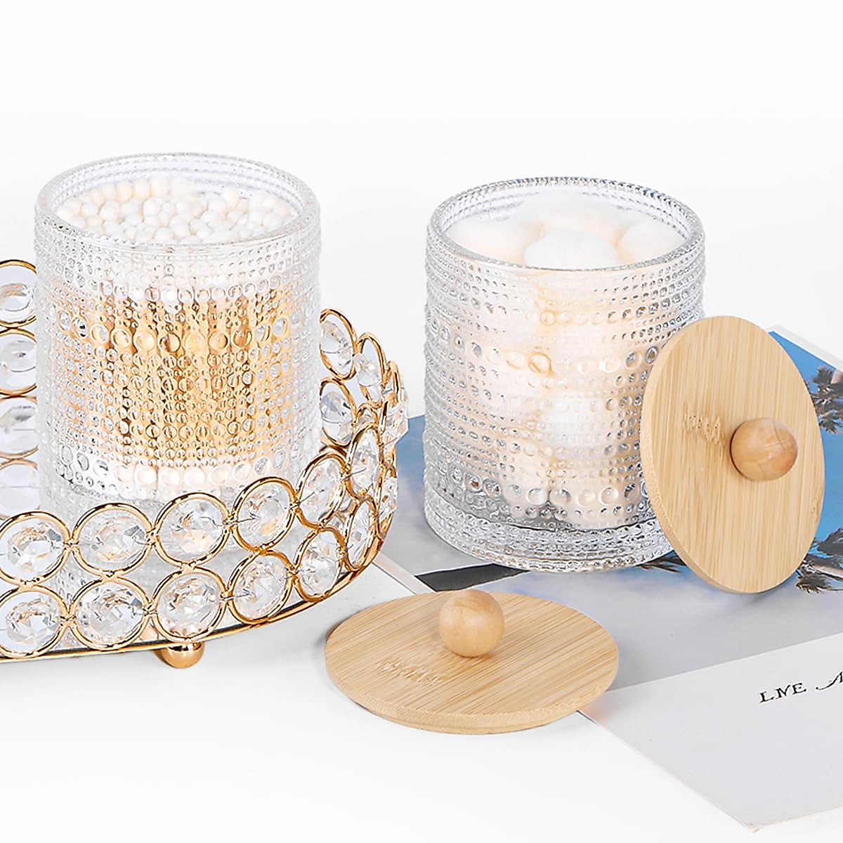 Tonxus Bathroom Qtip Holder Set,Glass Apothecary Jars with Lids,Bamboo Cotton Ball Holder,Clear Cotton Swab Holder,Bathroom Vanity Storage Organizer Jars for Round,Bath Salts,Candy,Jewelry (Nail)