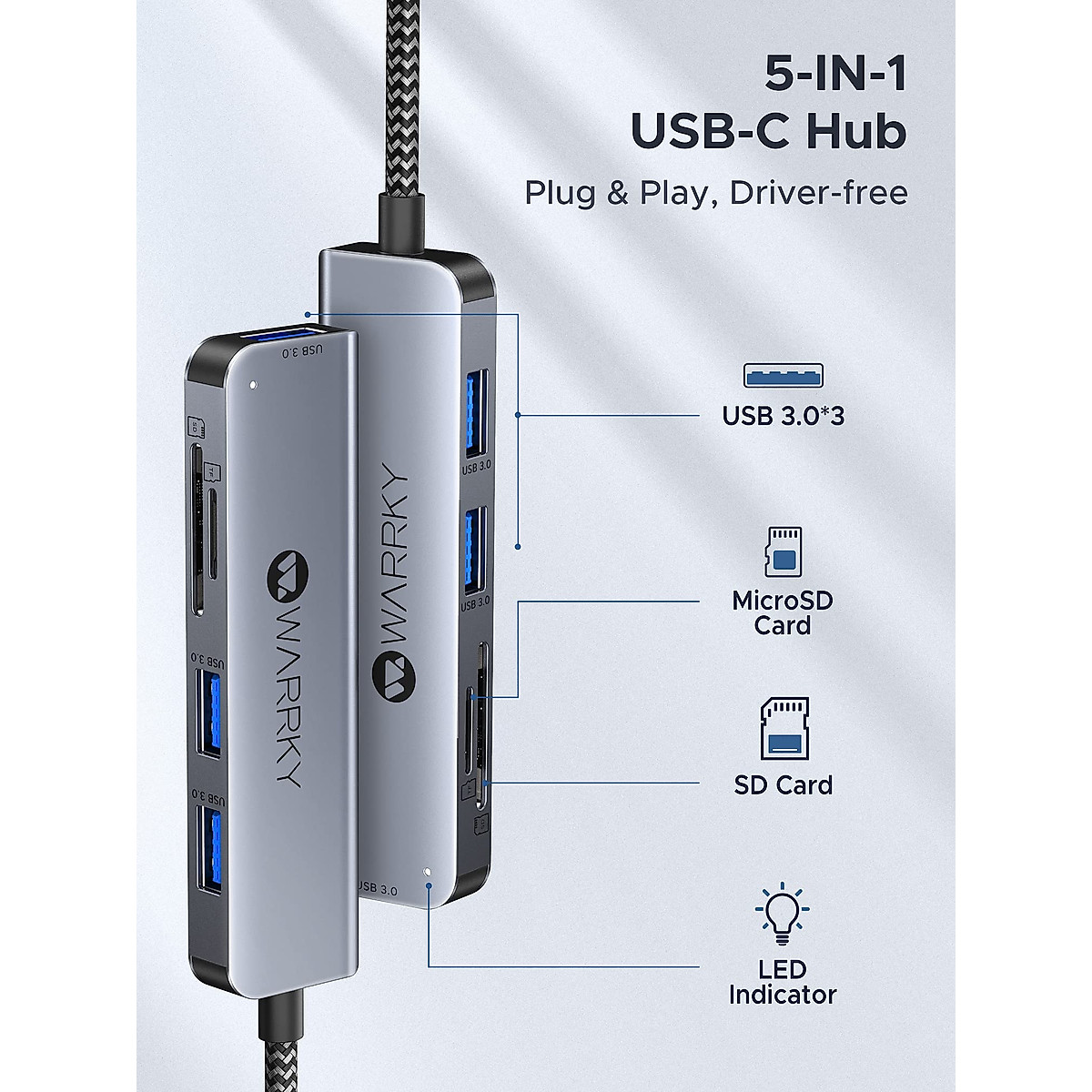 WARRKY USB C Hub, 5 in 1 SD/Micro SD Card Reader Adapter [Read 5 Ports Simultaneously, 3 Highspeed USB 3.0] 2TB Capacity OTG Compatible with iPhone 15 Pro, Samsung Galaxy, MacBook Pro/Air, iPad -Gray