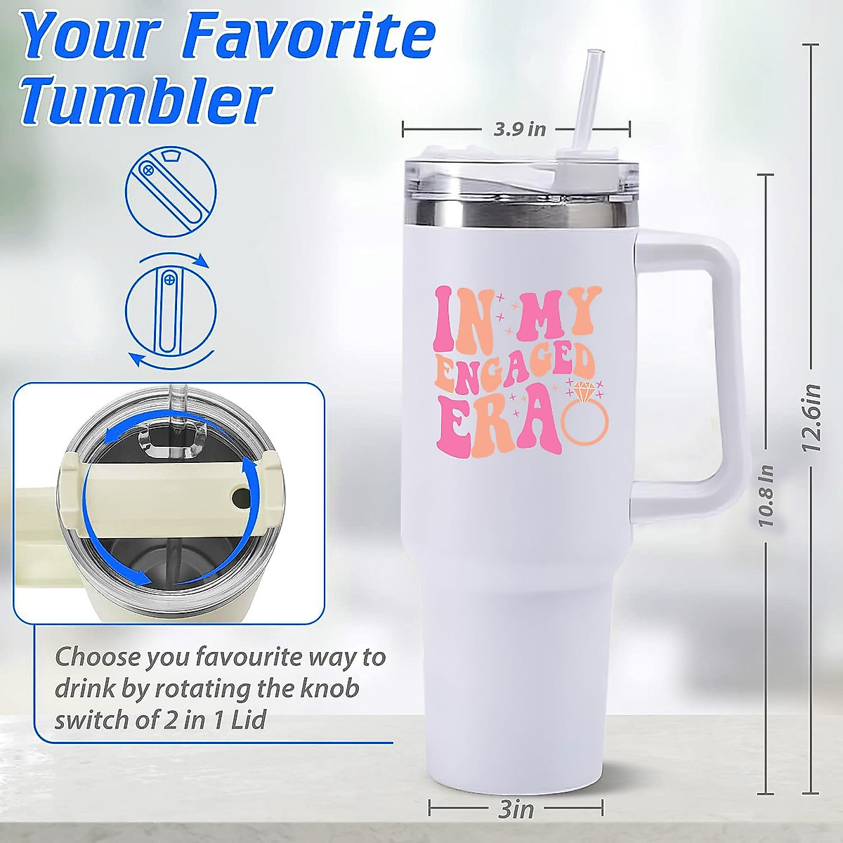 In My Engaged Era Tumbler - 40 oz Insulated Cup with Handle & Straw - Bride to Be Gifts, Engagement Gifts for Women, Newly Engaged Gifts, Funny Fiance Coffee Mug, Wedding Bridal Shower Present