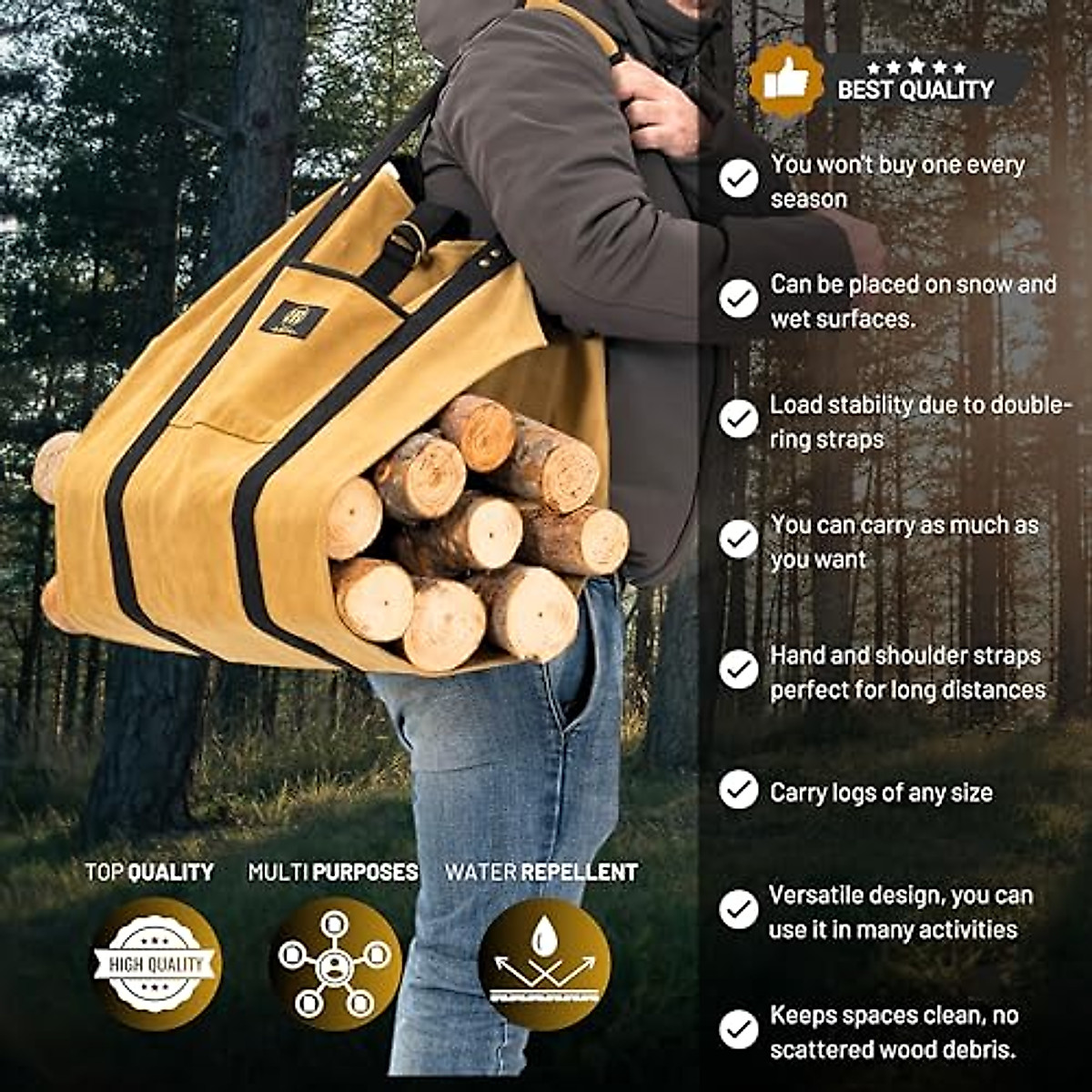 Log Carrier for Firewood Bag - 20oz Waxed Canvas wood carriers with Handles for Fire Logs storage- Fireplace and Campfire Accessories - Durable Waterproof Heavy-Duty Canvas Bag Carrier BROWN
