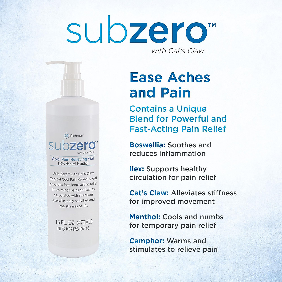 Sub Zero Cooling Pain Relief Gel, 16oz Bottle with Pump - Joint Relief and Nerve Pain Relief Cream for Muscle Deep Pain Relief and Arthritis Relief