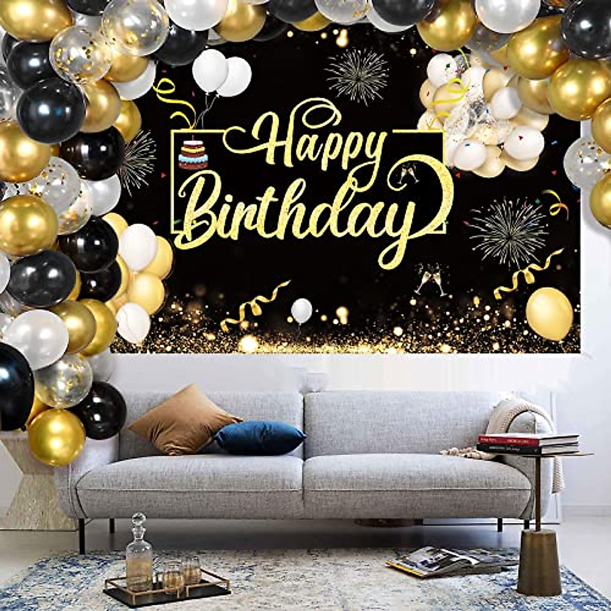 Gold Black Happy Birthday Extra Large Fabric Sign Poster Background Banner with 2pcs Waterproof tablecloths and 50pcs Metallic Shiny Latex Balloons for Birthday Party Backdrop Decoration Supplies