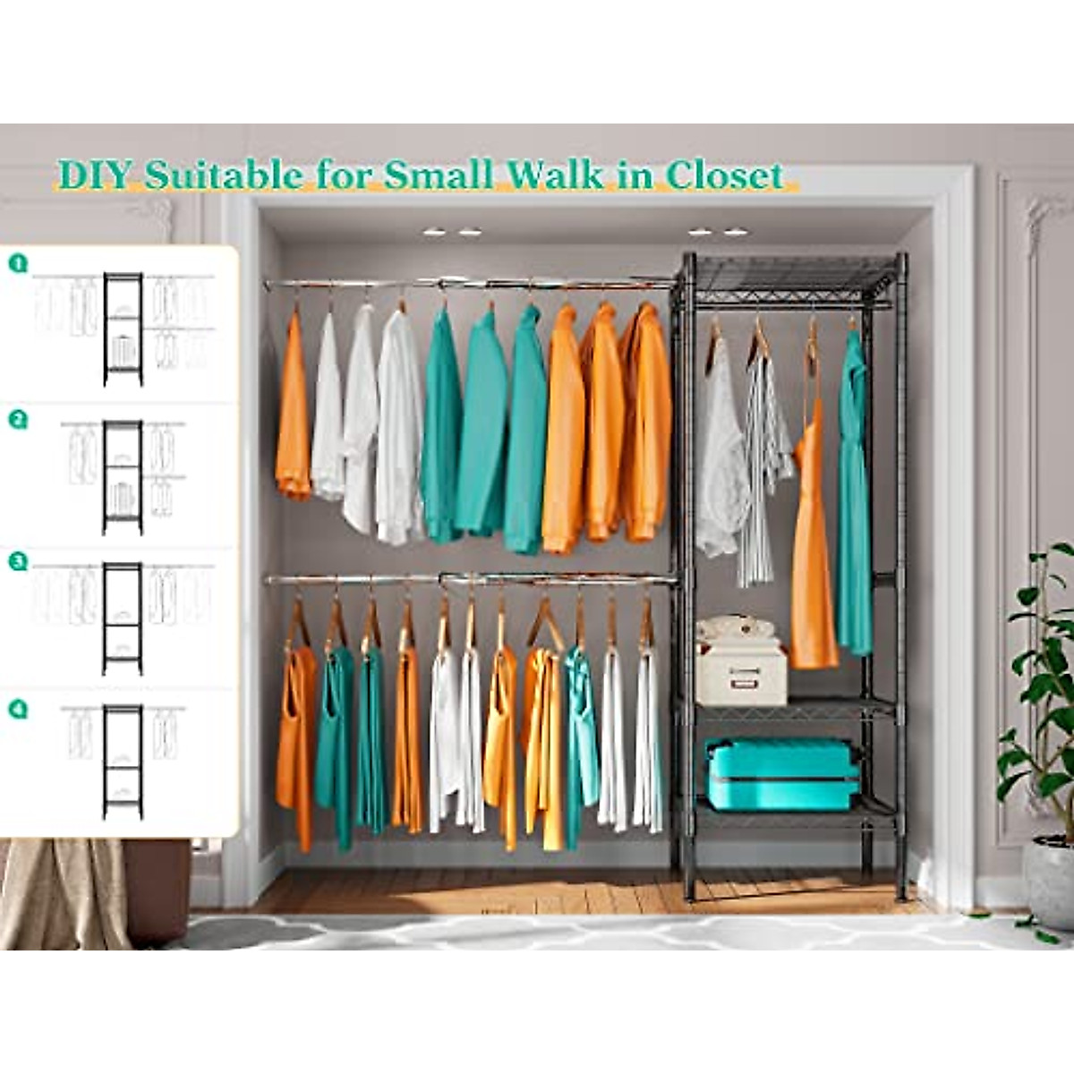 Raybee Closet Organizers and Storage System, 590Lbs Capacity Closet Systems for Walk in Closets with 3 Expandable Hanger Rods, Wall Mounted, 24"-118"L x 16"W x 71"H, Black